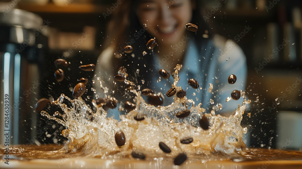 Roasted coffee beans create a splash in a rich pool of coffee with soft ...