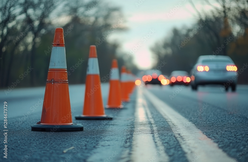 Foto de Stock Roadside traffic cones signal DUI checkpoint. Law ...