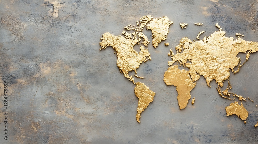 Artistic depiction of a golden world map on a textured background ...