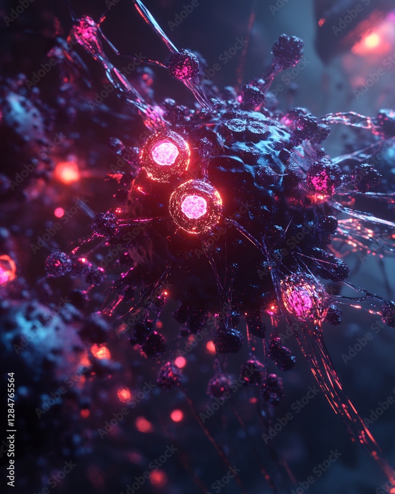 Hyper realistic depiction of virus infecting cell glowing viral protein ...