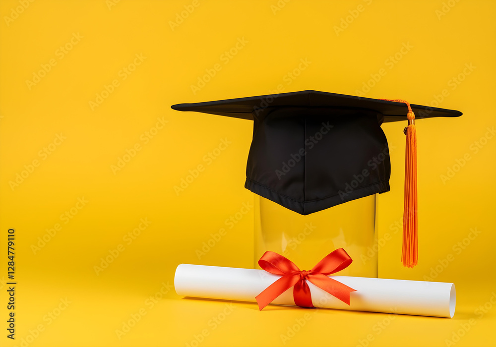 Graduation ceremony concept. Black academic hat, diploma on yellow ...