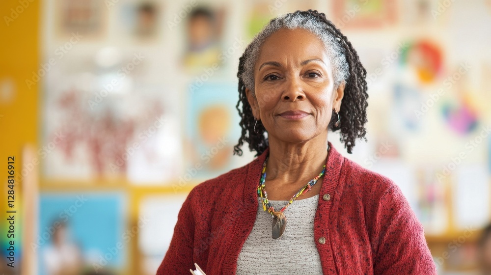 A senior African American female teacher stands confidently in her ...