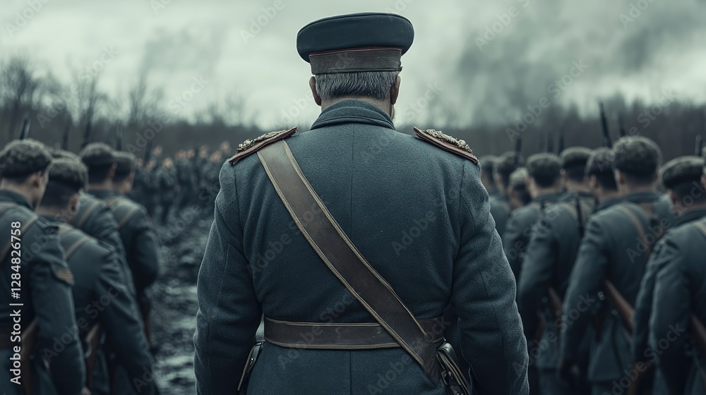 Commanding Military Officer Leading Troops in Gray Uniforms Across ...