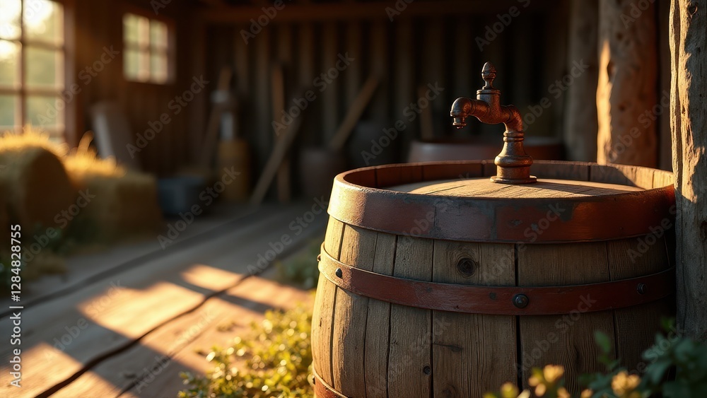 Spigot on barrel, An old wooden barrel with a rusted spigot under ...