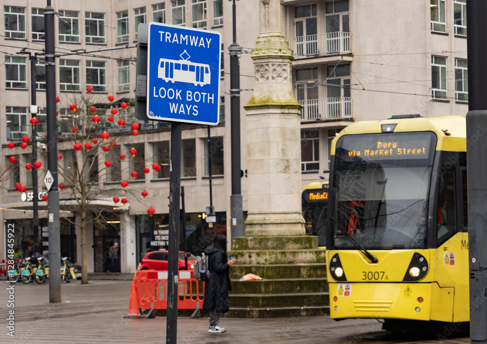Manchester, uk, January 19th 2025 famous yellow Metrolink Tram at St ...
