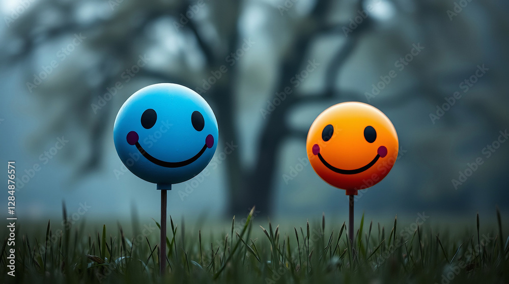 two spherical objects resembling smiley faces, positioned side by side ...