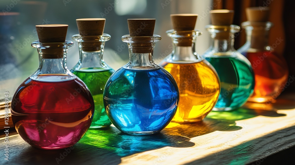Vibrant Colorful Glass Bottles Cork Stoppers Liquid Potions Magical ...