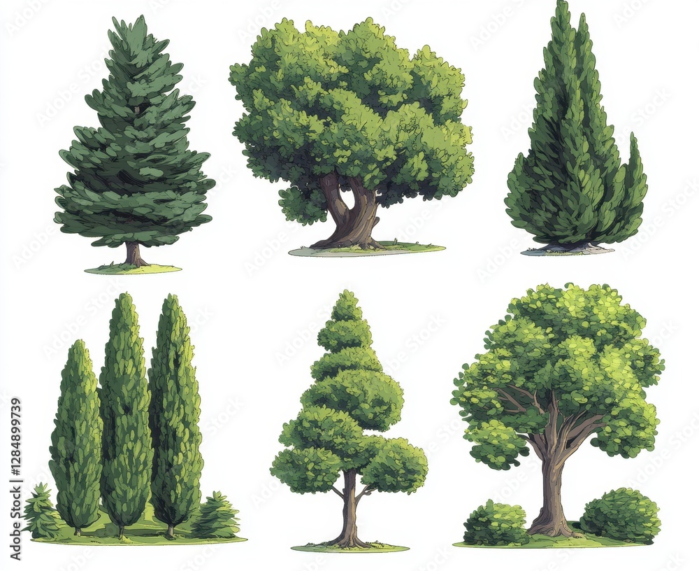 Pixel Art Tree Collection Green Conifers and Deciduous Trees on White Stock Illustration | Adobe ...