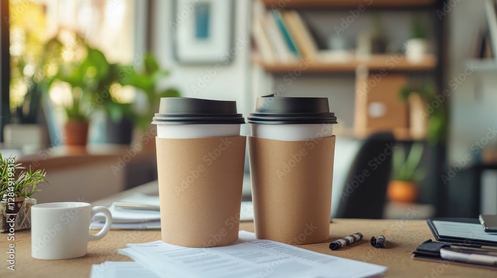 Office desk setup with a printed agenda, coffee cups, and neatly ...