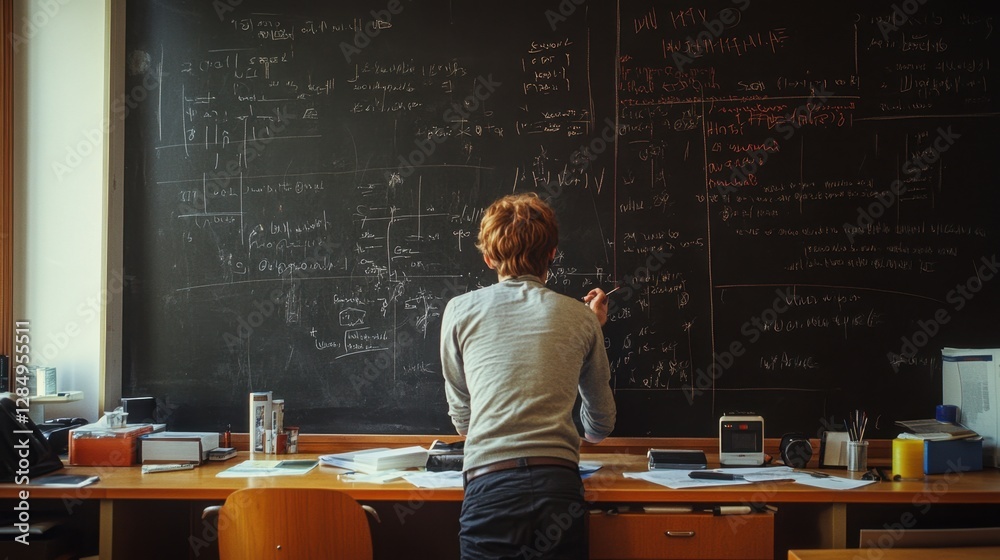 Engineering student solving thermodynamics equations on a dusty ...