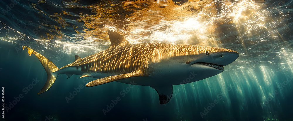 Pixelated Shark Swimming Undersea with Glistening Sun Rays Illuminating ...