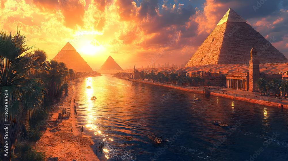Pyramids of Giza Egypt at Sunset Over the Nile River with Golden Sky ...