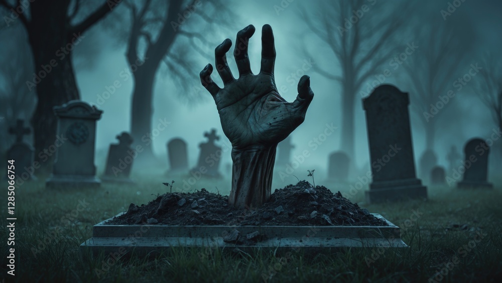 Undead hand emerging from a grave in a foggy nocturnal cemetery ...