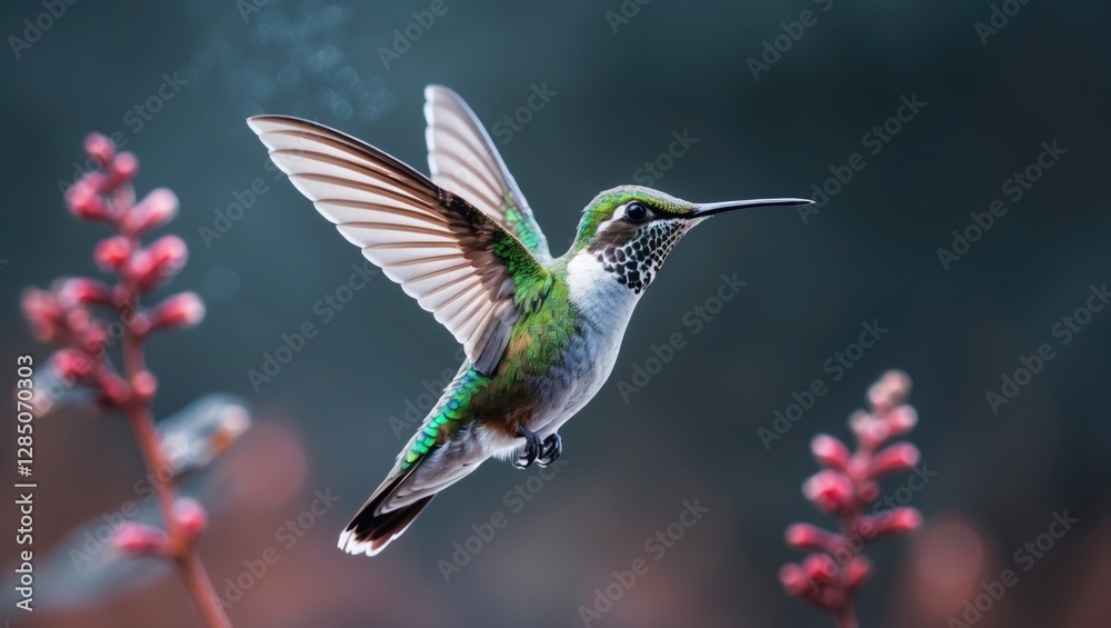 Hummingbird with striped tail captured mid-flight using a quick shutter ...