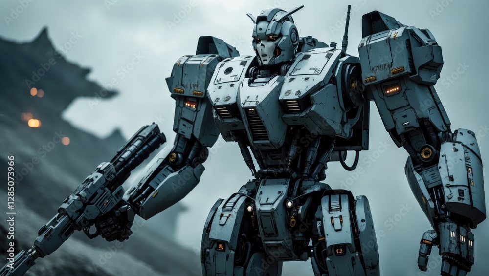 Image title: Depiction of an advanced massive mecha assassin robot ...