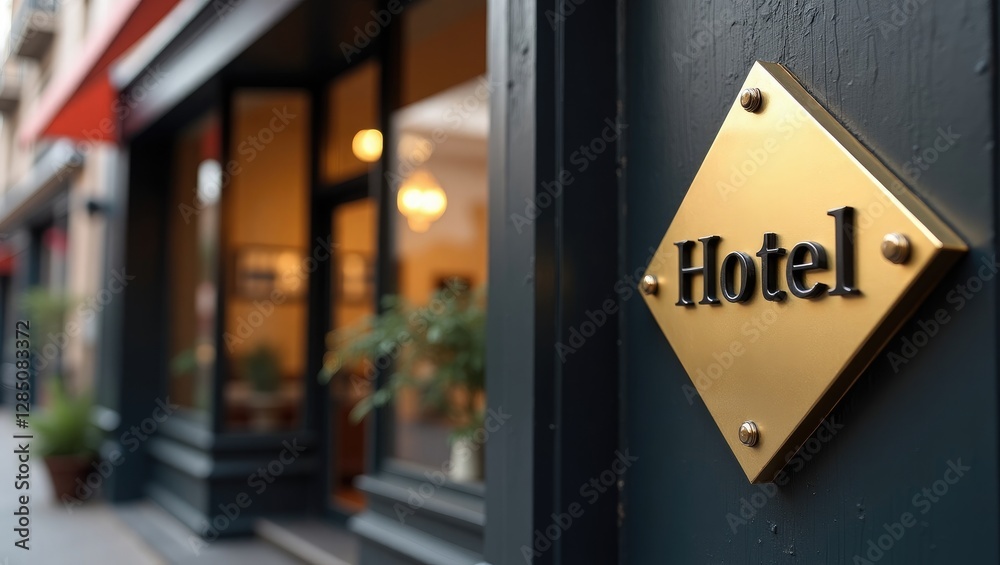 Shiny diamond-shaped sign mounted on hotel entrance mockup. Golden ...