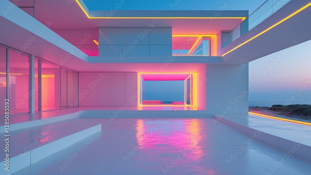 Contemporary seaside mansion featuring a vivid interplay of neon lights ...