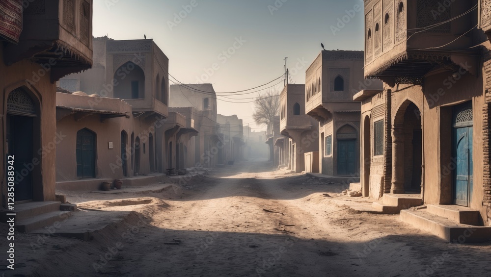 Dusty streets of a medieval Iranian town. Historical digital artwork ...
