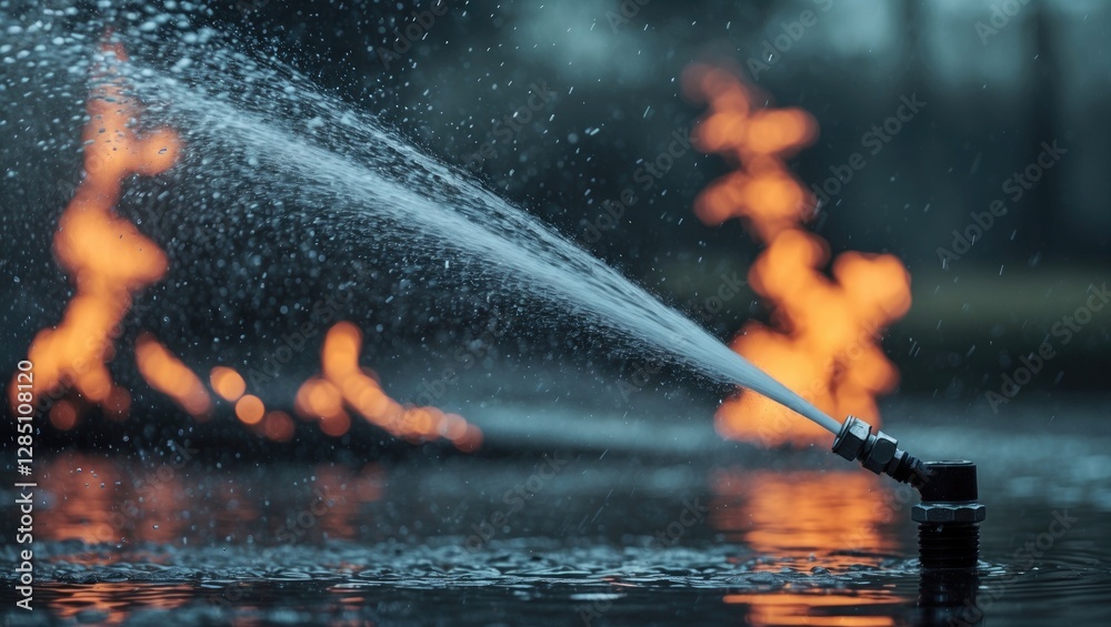 Water spraying from a fire sprinkler with flames in the background ...