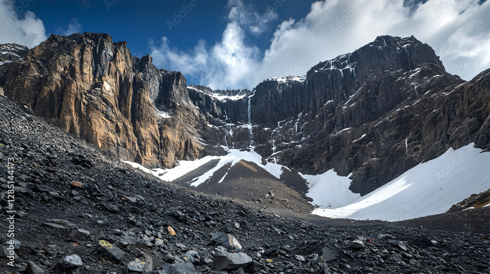 texture with steep cliffs, dark rocks, and scattered snow, creating a ...