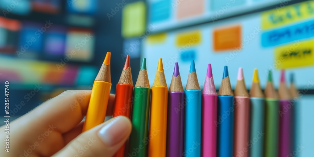 Teacher choosing colored pencil for classroom activities and online ...