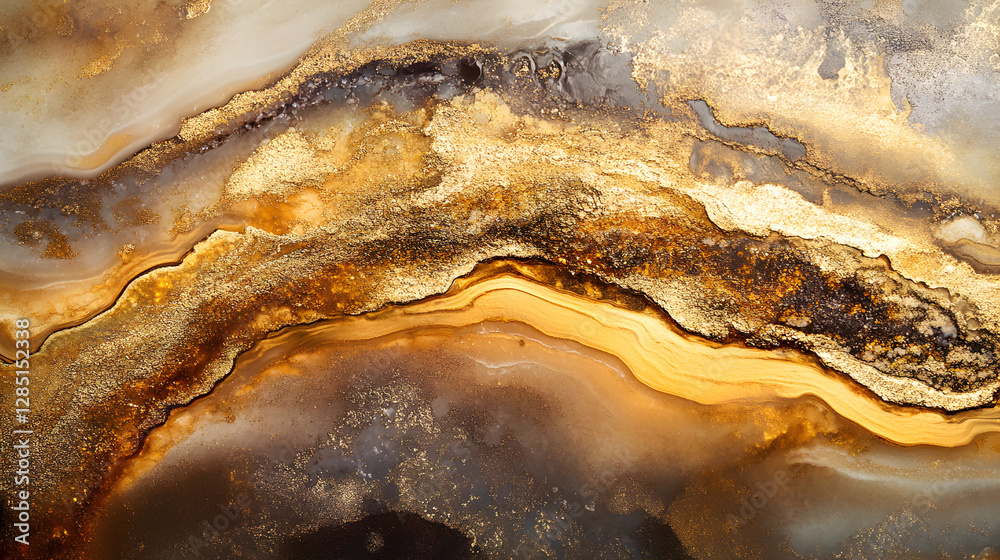 liquid in shades of gold and bronze, creating a smooth, metallic ...