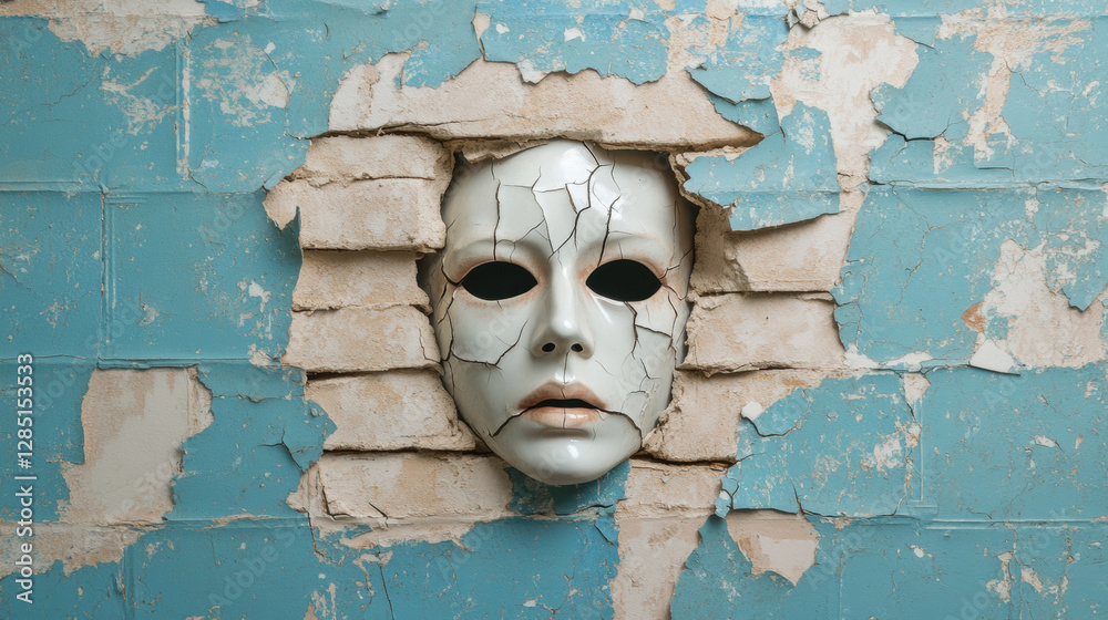 Cruelty grunge, A cracked porcelain mask concealing a face, captured in ...