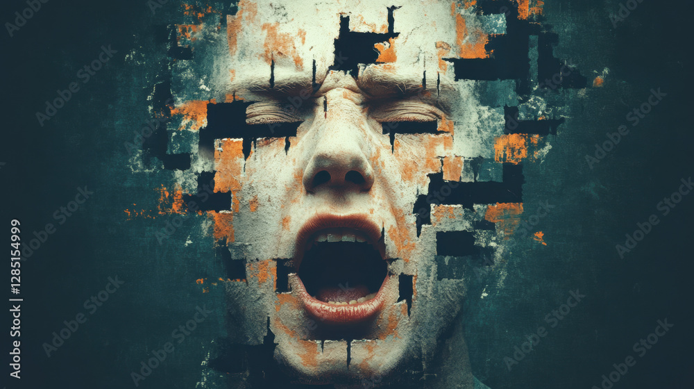 Cruelty grunge, A distorted face with its mouth sewn shut, digitally ...