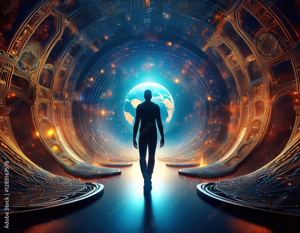 Ilustración de Stock una silueta humana entrando en un portal cuantico ...