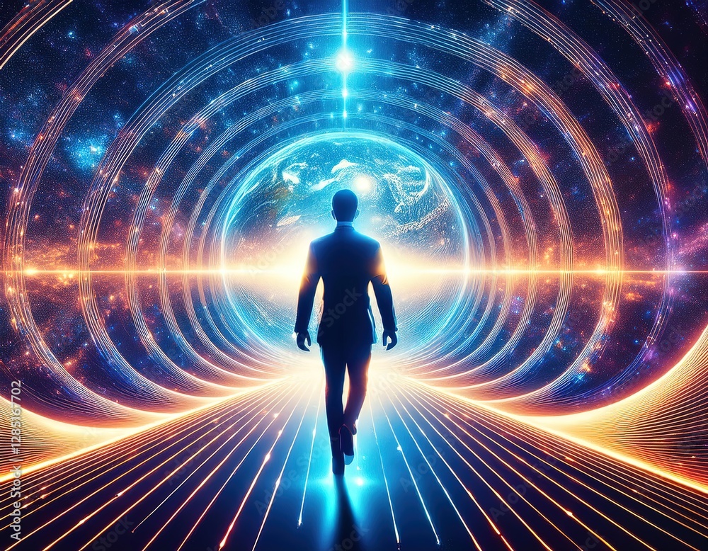 una silueta humana entrando en un portal cuantico del mundo en 2025 ...