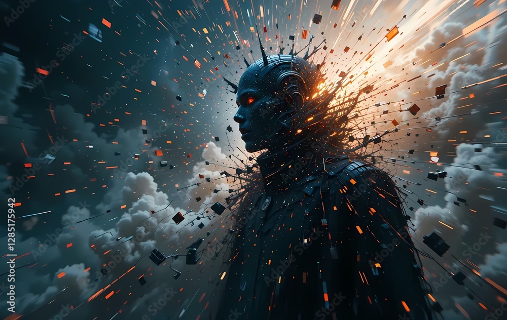 Futuristic digital art depicting a cyborg undergoing explosive ...