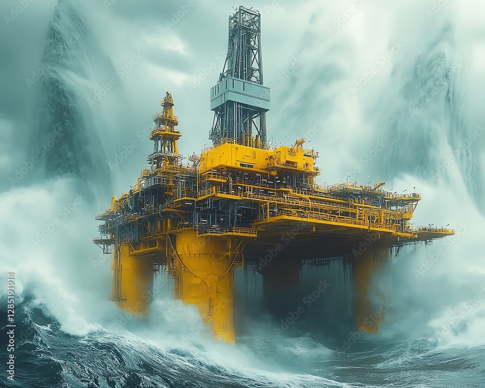 Offshore yellow drilling rig in turbulent waters, symbolizing ...