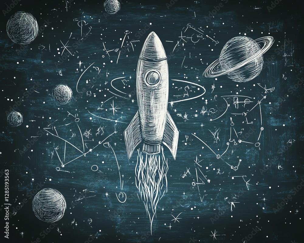 Handdrawn space science artwork on classroom blackboard, intricate ...
