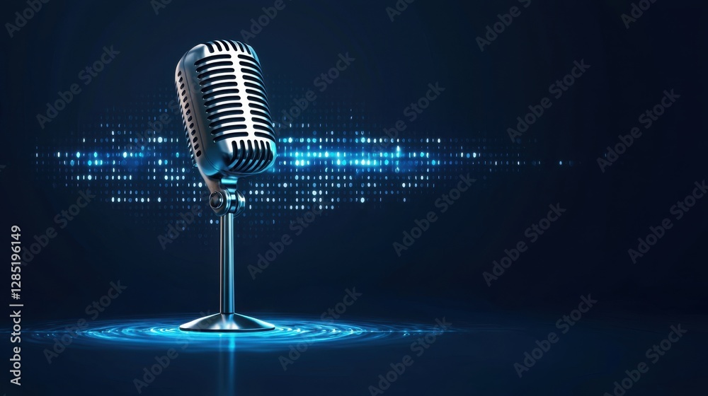 Vintage microphone on a dark background with glowing blue sound waves ...
