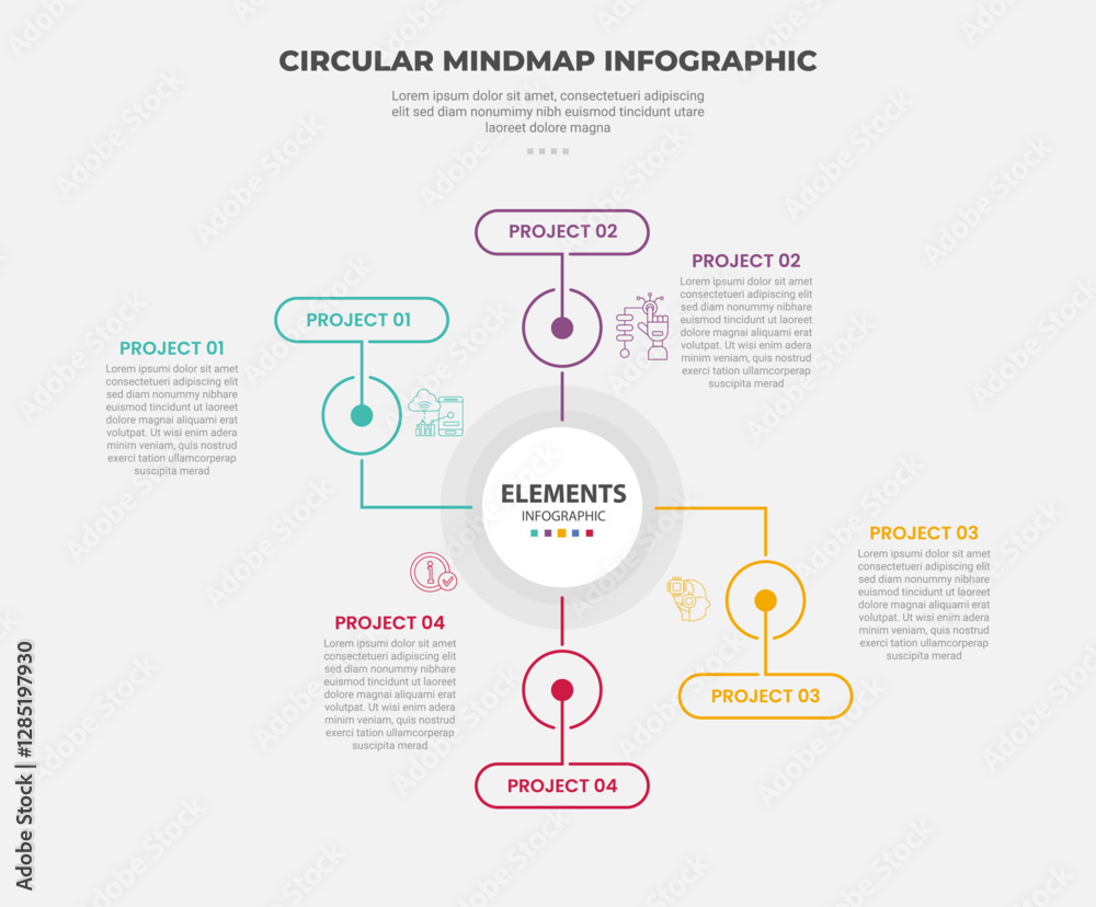 circular mind map infographic outline style with 4 point template with big circle with outline ...