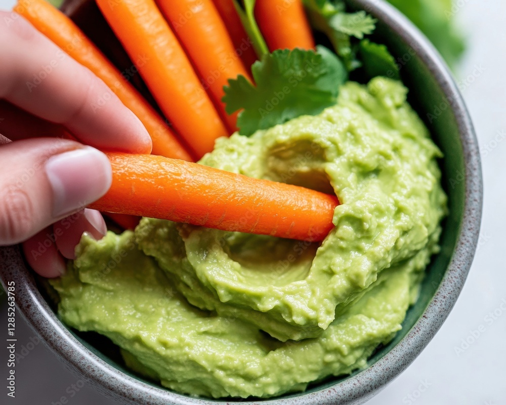 Fresh Minimalist Snacking Olive-Toned Hand Dips Crispy Carrot Stick ...