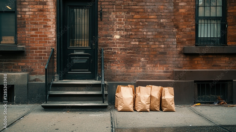 Groceries in paper bags outside a historic brownstone, blending classic ...