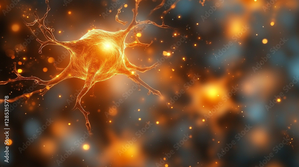 Orange glowing neural network depicting a nerve cell neuron ...