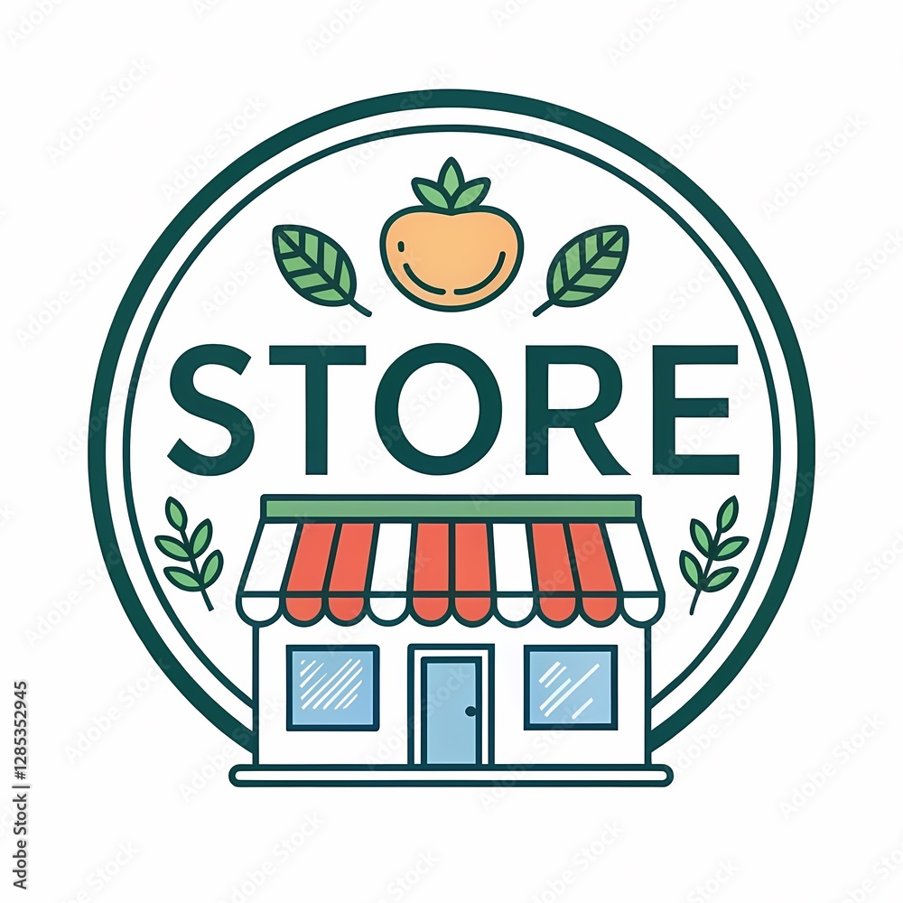 Vintage style round store logo with leaves, teacup, and storefront icon ...