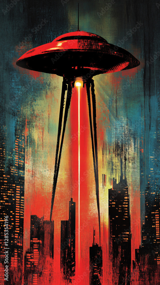 Ilustración de Stock Retro sci-fi poster 1950s Martian tripod alien ...