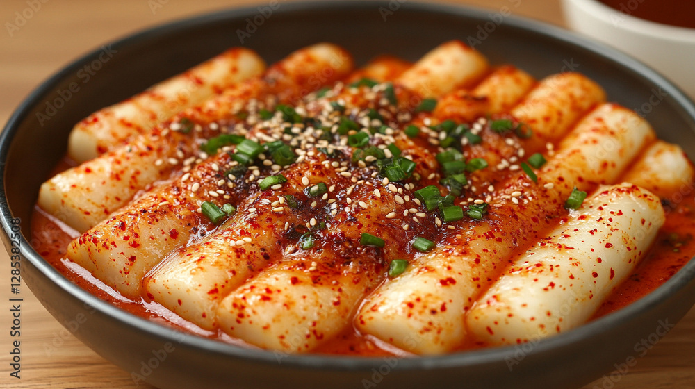 Foto stock di Korean Tteokbokki dish with rice cakes in spicy red sauce ...