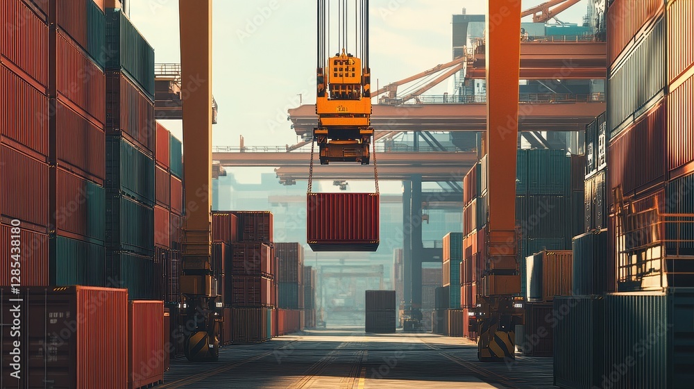 Container being lifted at shipping port front view Cargo handling ...