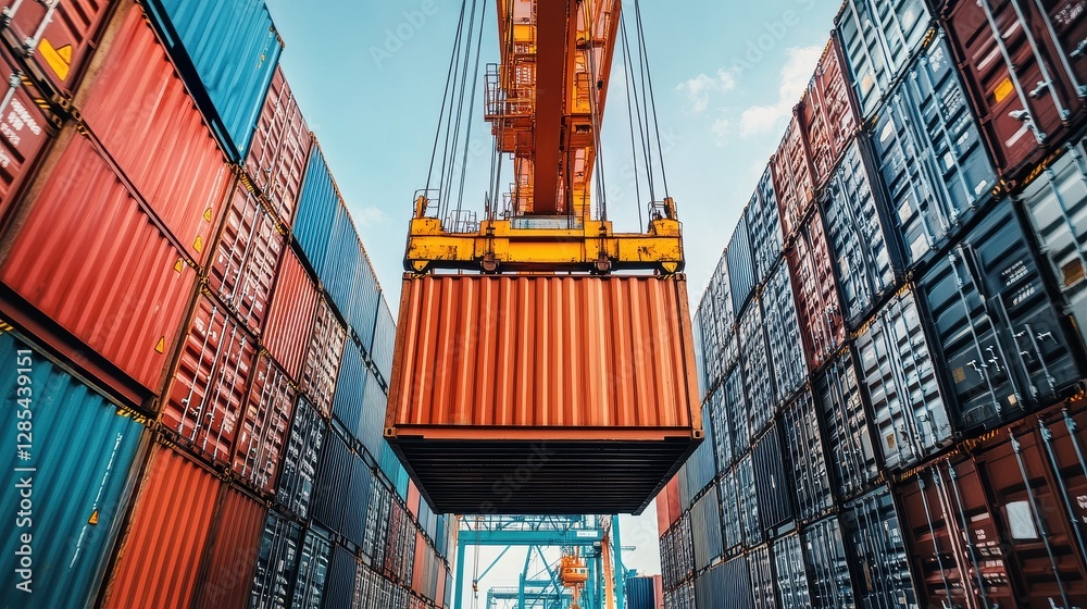 Container being lifted at shipping port front view Cargo handling ...