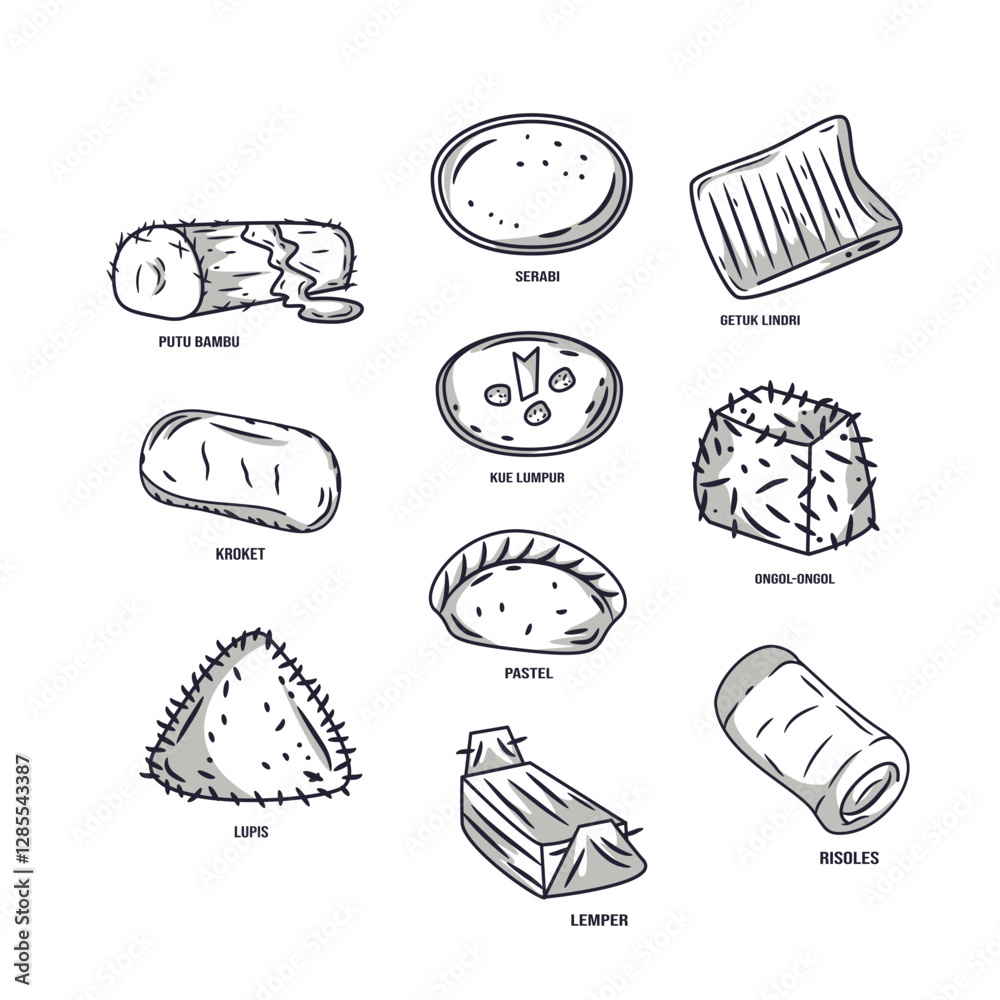 Hand drawn traditional food from indonesia. A set of 10 hand drawn food ...