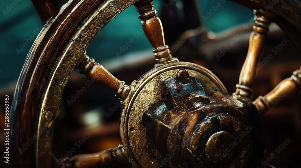 Steering into Adventure: A detailed view of a weathered ship's wheel ...