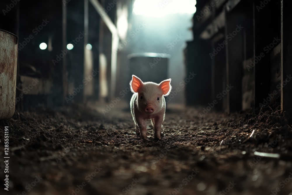 Piglet exploring a livestock farm environment while natural light ...
