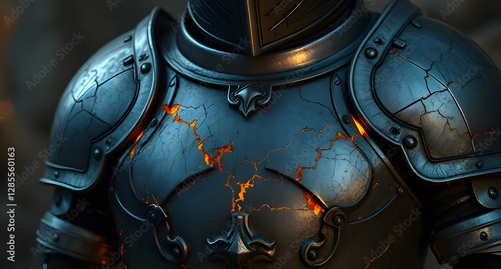Ancient battle armor with glowing cracks background. War-worn metal ...