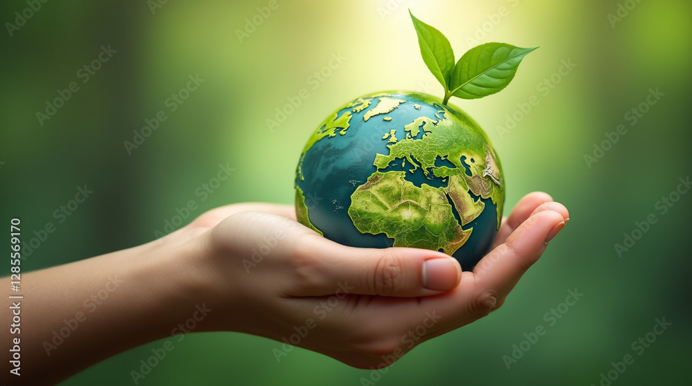 Hand of human holding green earth with the icon of Environment for ESG ...