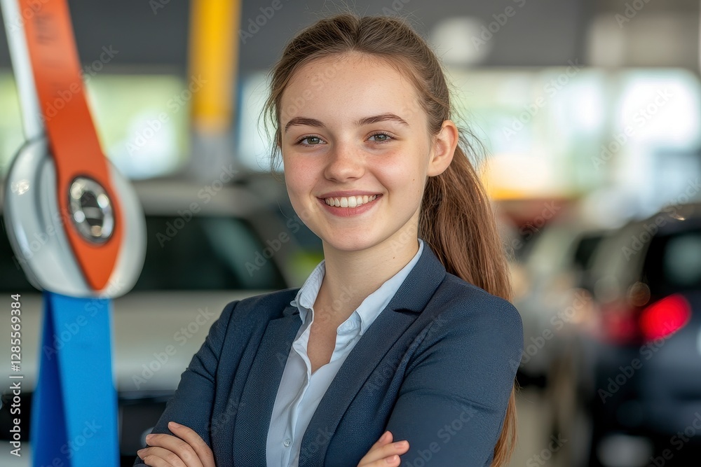 Smiling Young Professional Woman in Dealership Showroom Capturing ...