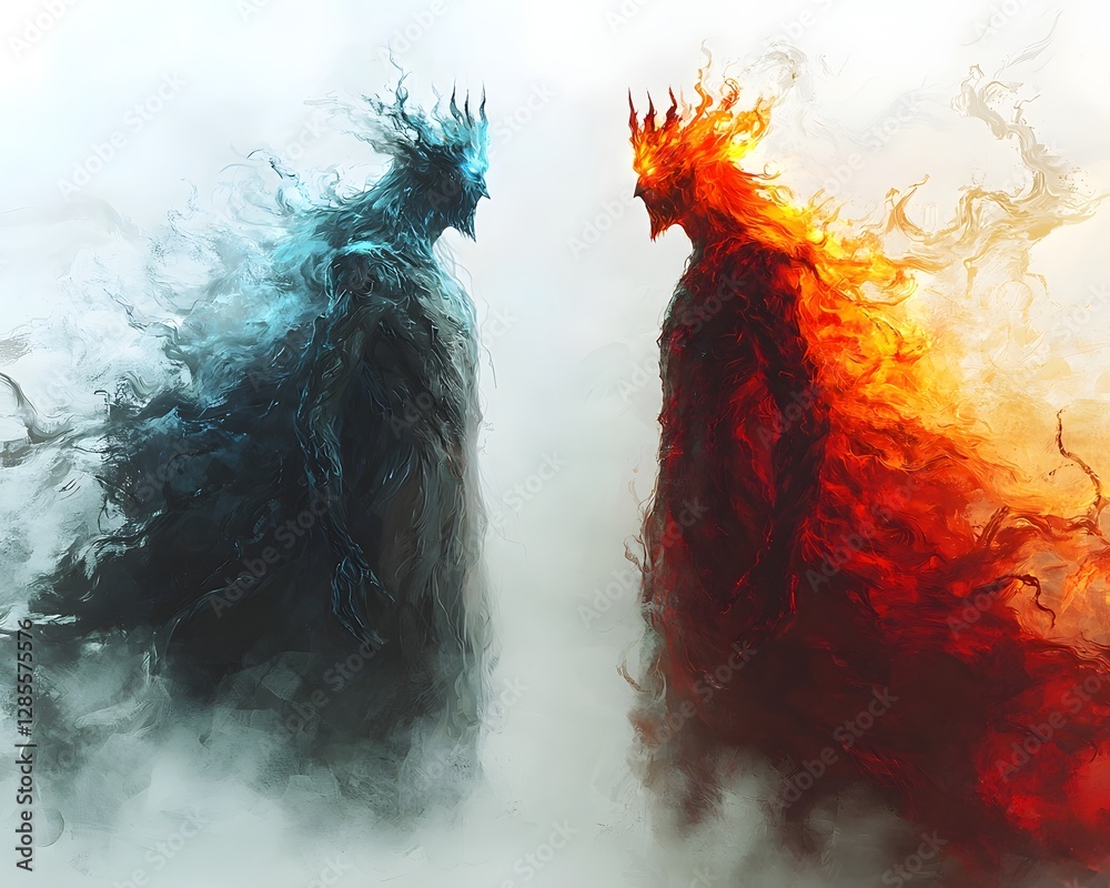 Rival Kings Facing Off with Glowing Crowns and Elemental Forces Stock ...